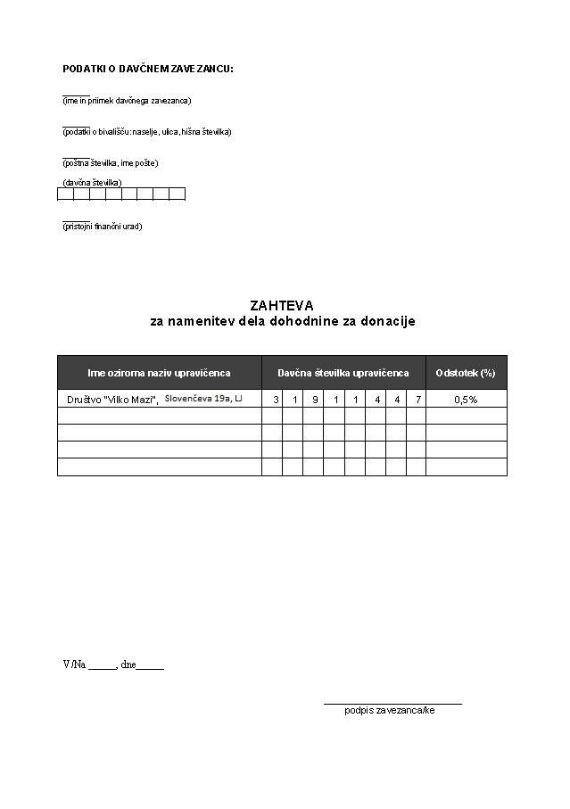 Donacije – obrazec za dohodnino – Društvo Vilko Mazi